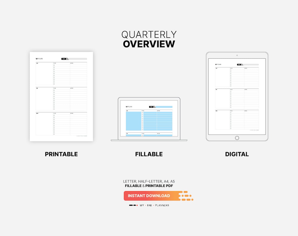 Quarterly Overview, Printable Undated 90-day Work, Study, Business ...