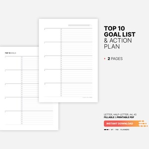 Top 10 Goal List & Action Plan, Goal Setting Printable Worksheet for ...