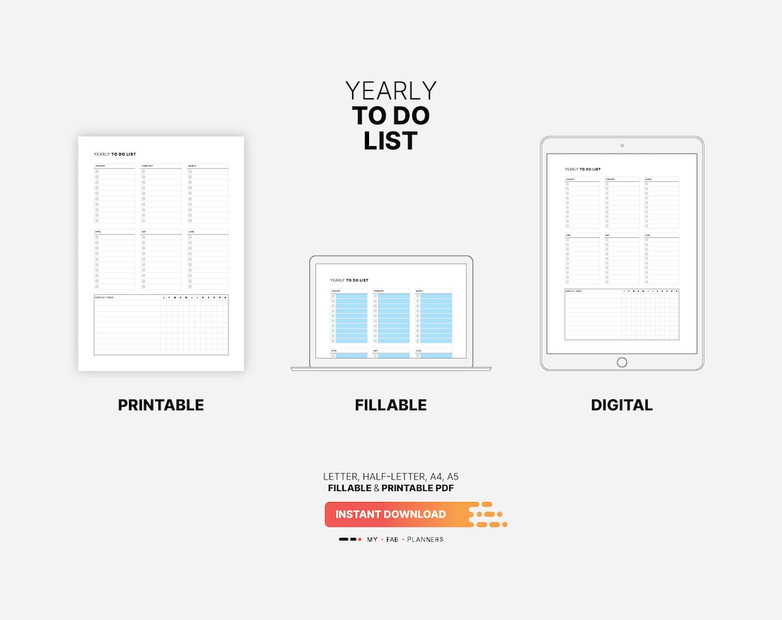 Yearly to Do List, Printable Monthly Task Checklist, Fillable ...