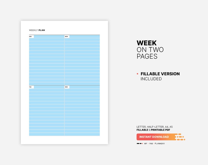 Week on Two Pages Overview, Undated Fillable Weekly Routine Chart ...
