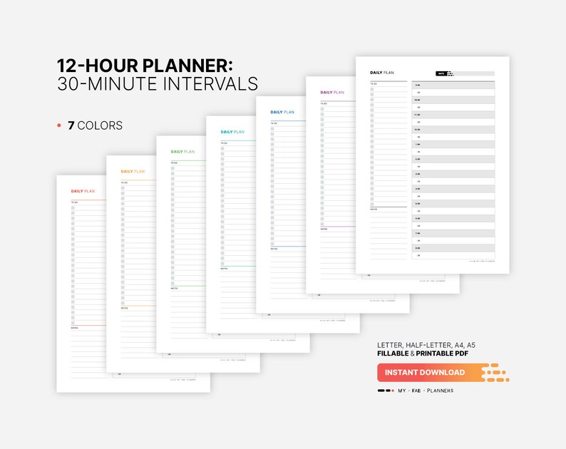 12-hour Planner, Printable 30-minute Work, Study Task Schedule ...