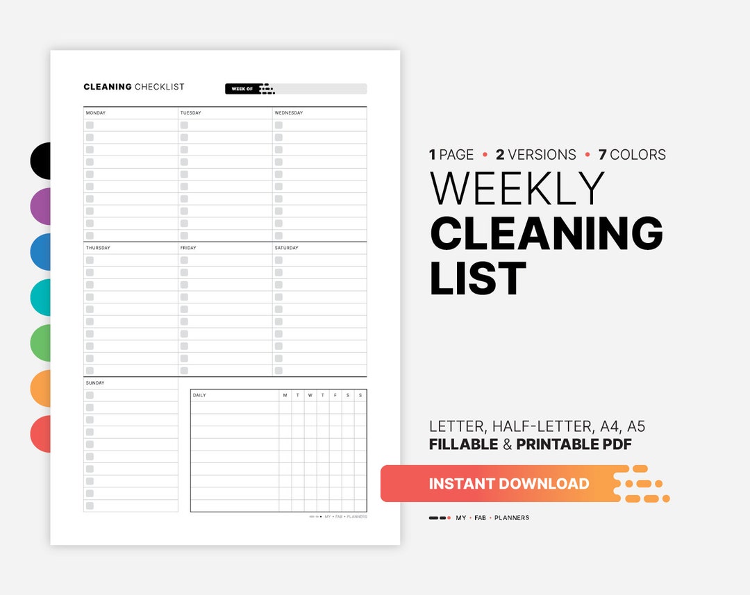 Weekly Cleaning List, Printable Chore Chart, Fillable to Do List, Home ...