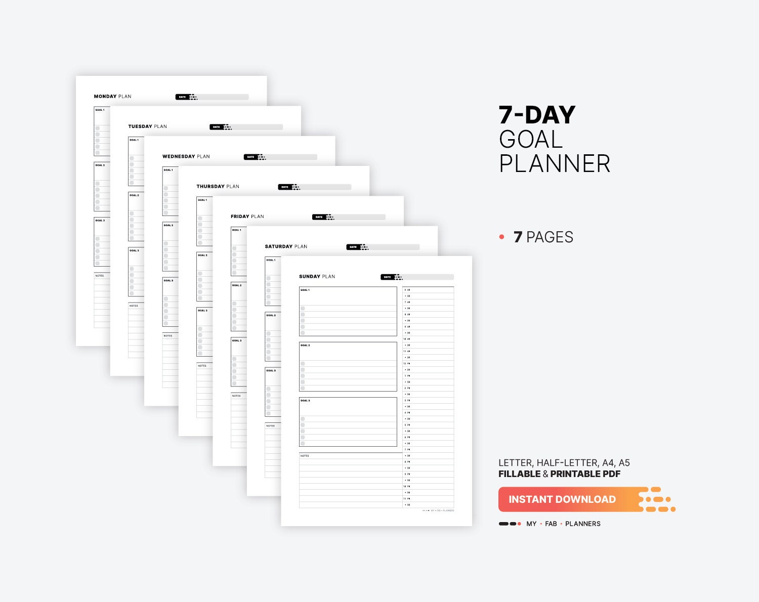 7-day Goal Planner Printable Daily Schedule Fillable Work & - Etsy