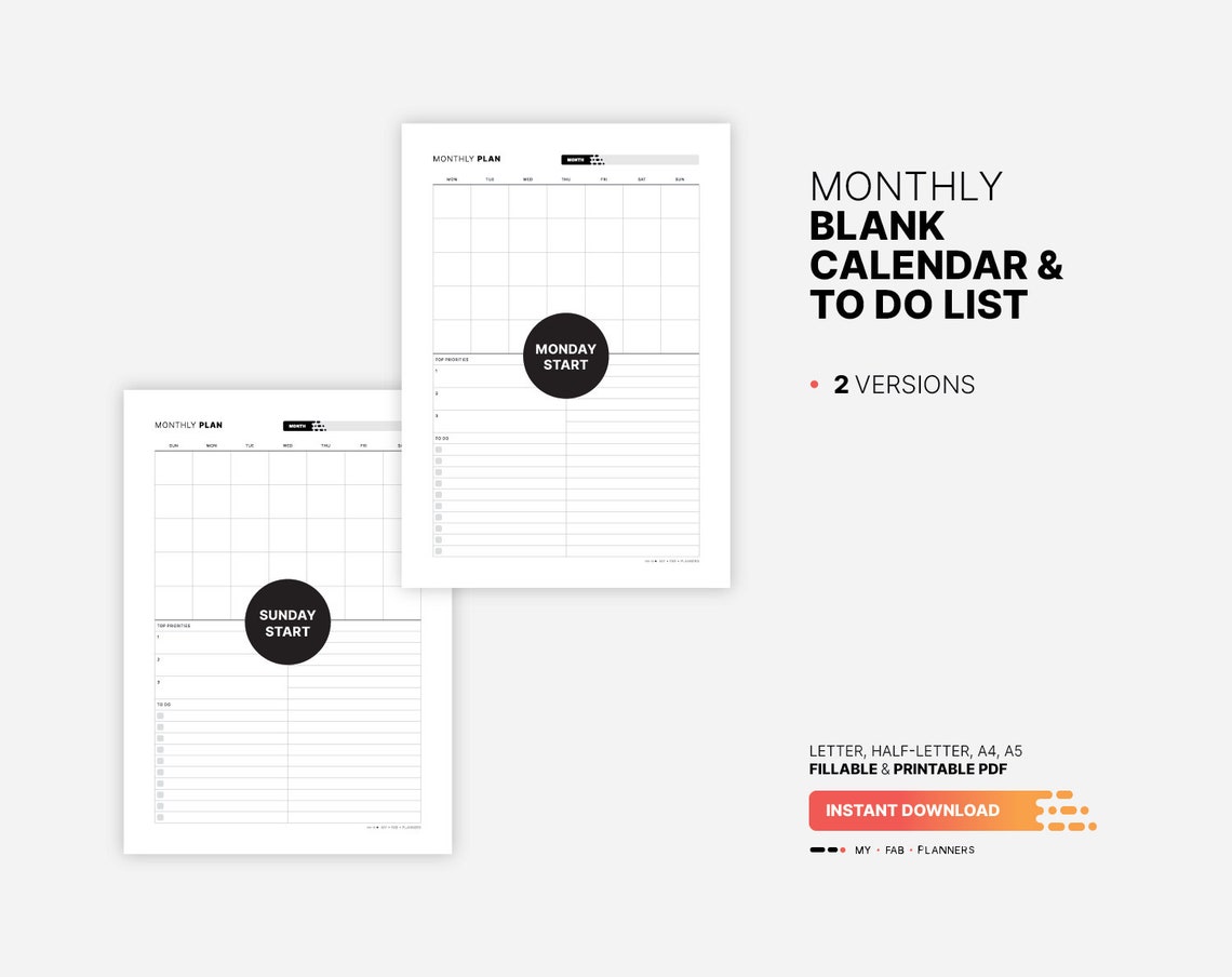 Blank Monthly Calendar & to Do List, Undated Month At-a-glance Planner ...