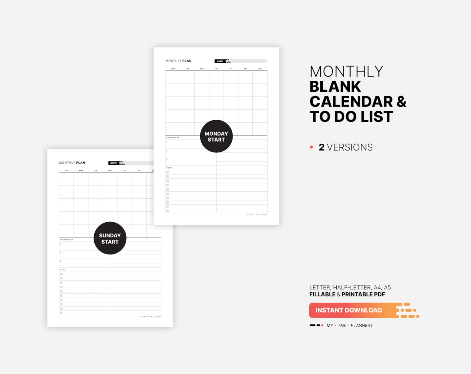Blank Monthly Calendar & to Do List, Undated Month At-a-glance Planner ...