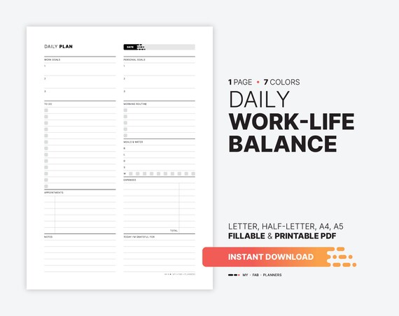 Daily Work Life Balance Planner Fillable Goals Work in | Etsy