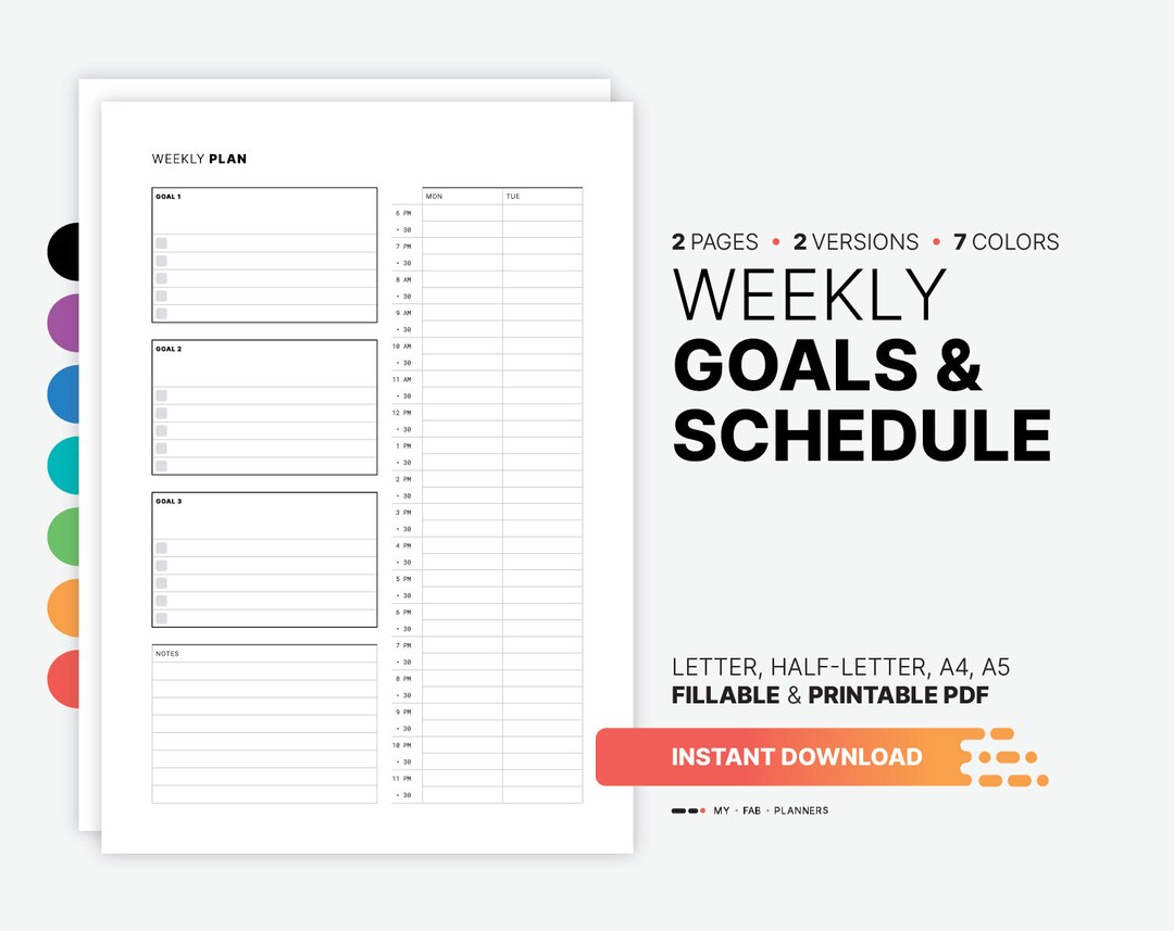 Weekly Goals, Schedule Planner, Printable Work Week Productivity ...