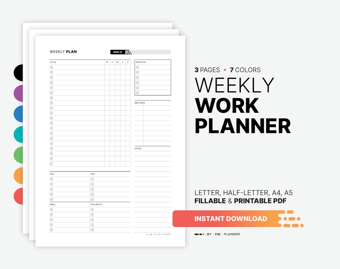 Weekly Work Planner, Printable Productivity at Home Agenda Checklist ...