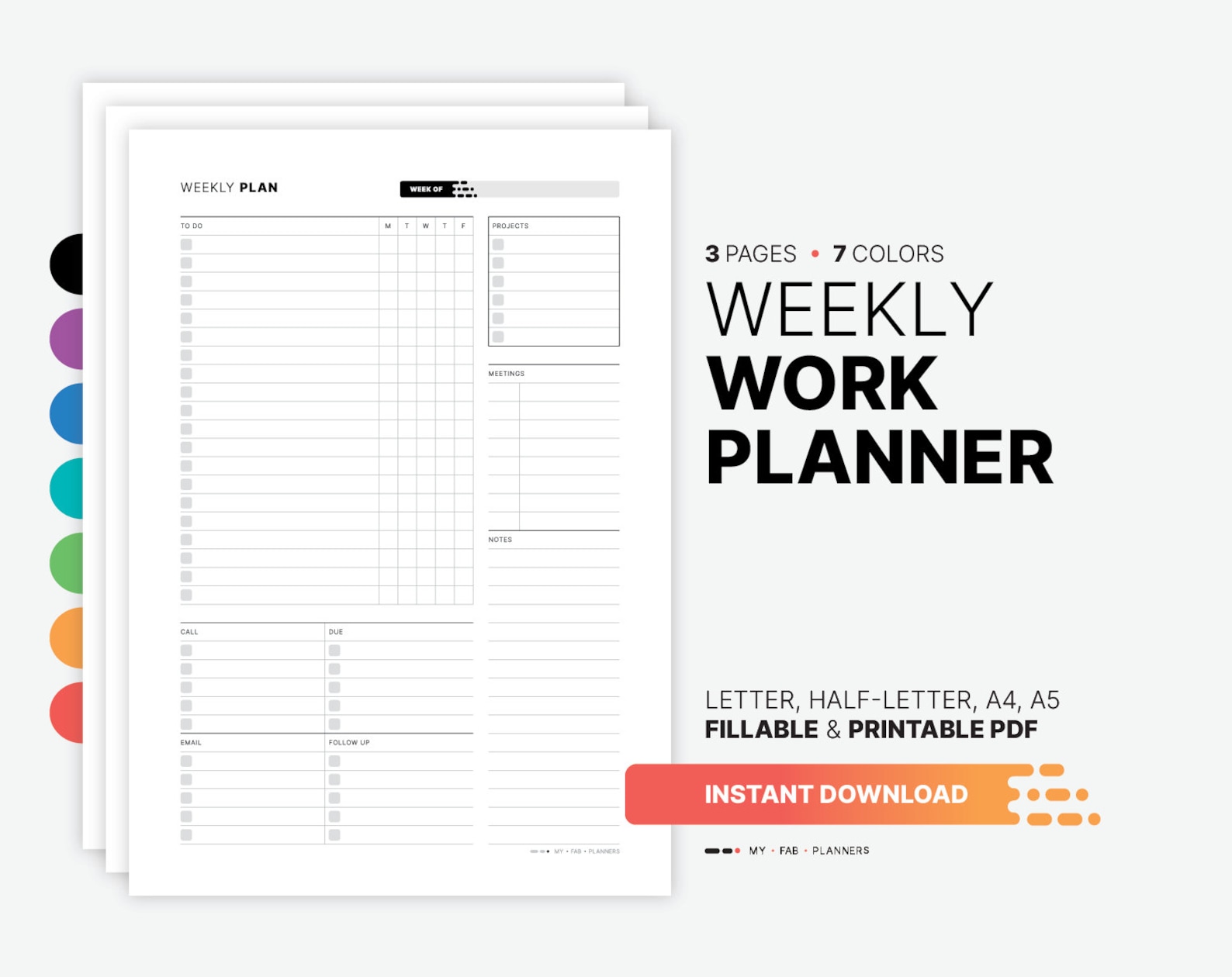 Weekly Work Planner, Printable Productivity at Home Agenda Checklist ...