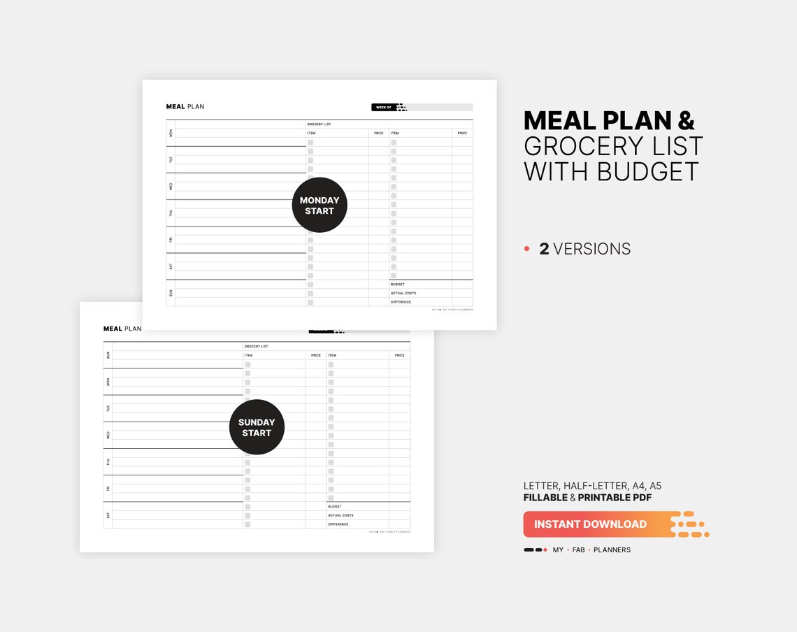 Budget and Meal Plan With Grocery List Planner Fillable - Etsy
