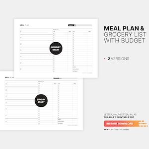 Budget and Meal Plan With Grocery List Planner, Fillable Weekly Meal ...