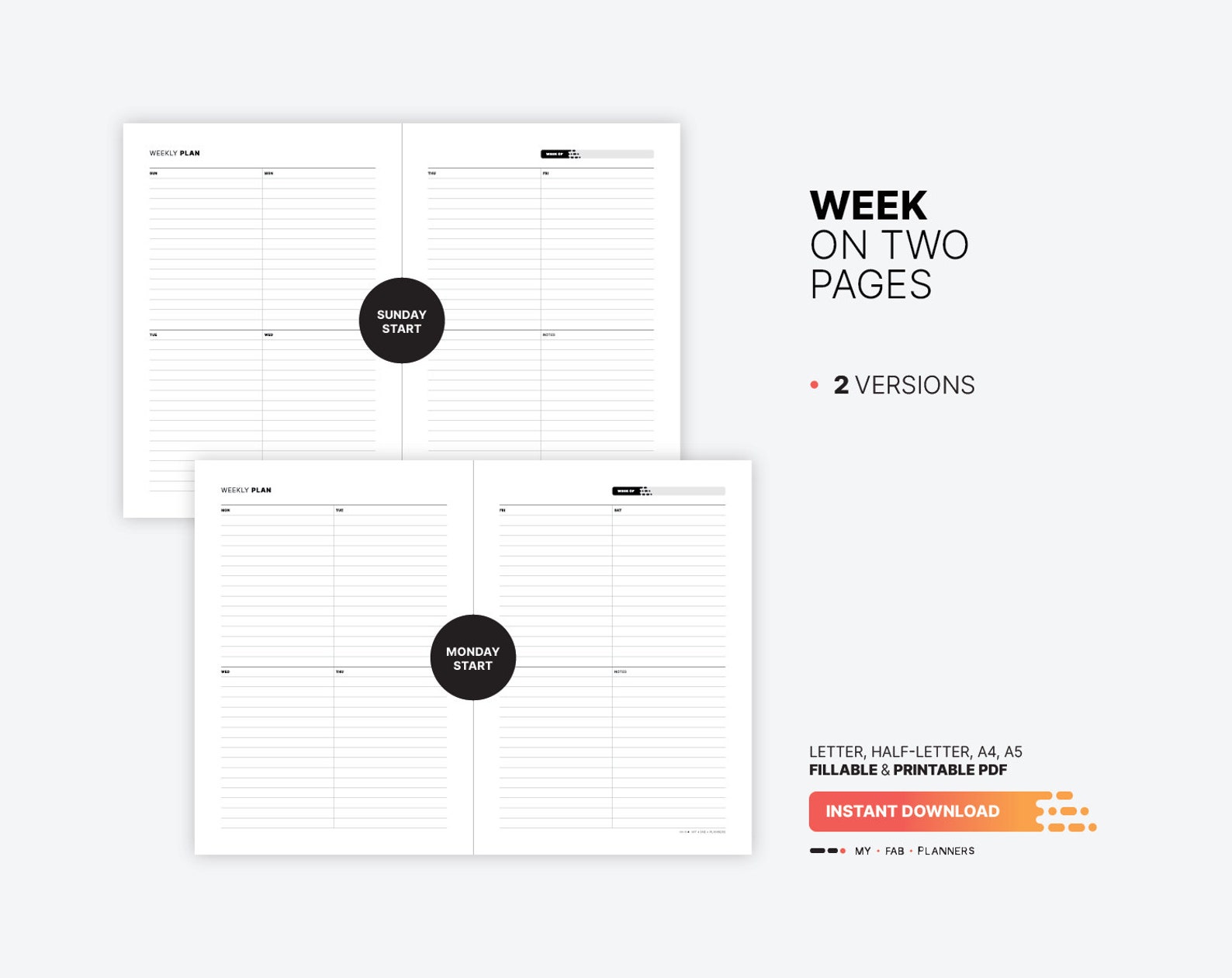 Week on Two Pages Overview, Undated Fillable Weekly Routine Chart ...