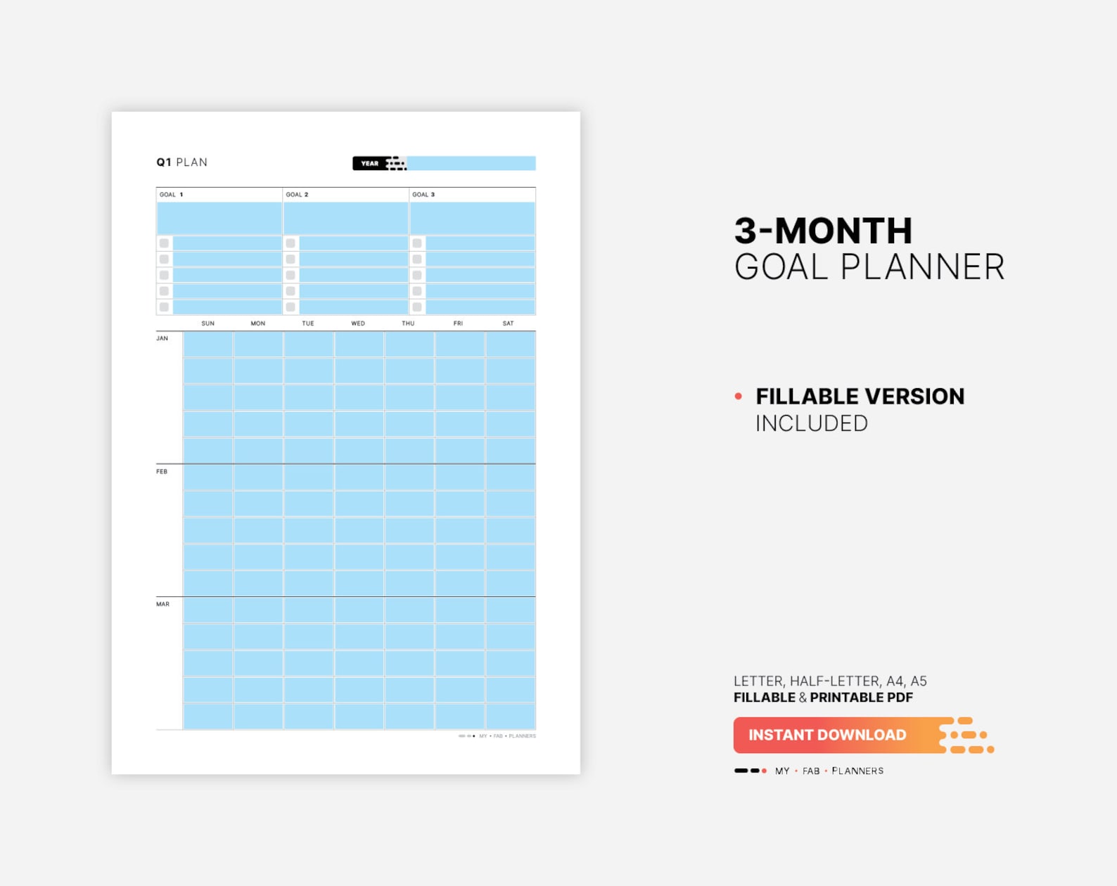 3-month Goal Planner & Calendar, Fillable Yearly, Quarterly Goals ...