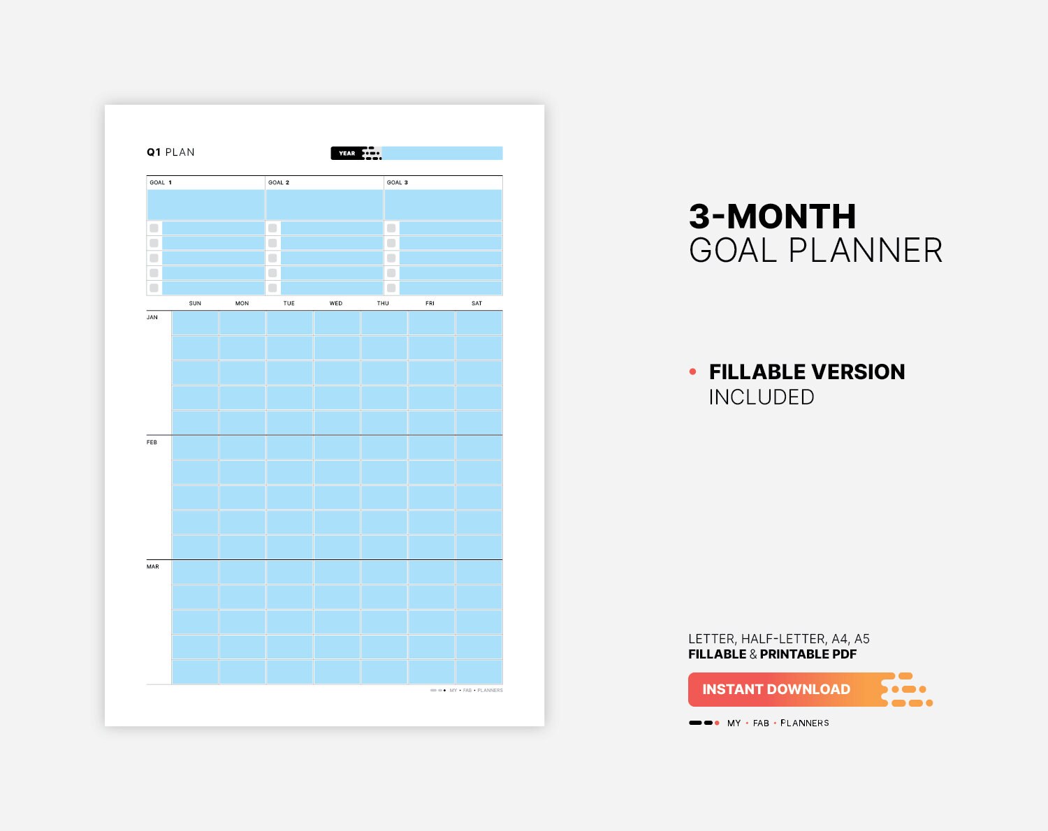 3-month Goal Planner & Calendar, Fillable Yearly, Quarterly Goals ...
