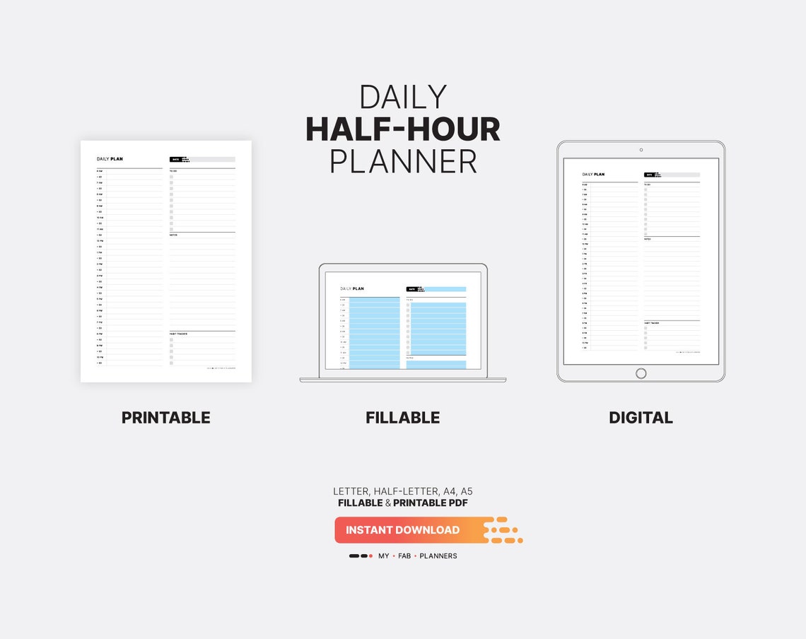 Half Hour Daily Planner, Block Time Schedule, Everyday Fillable Task ...