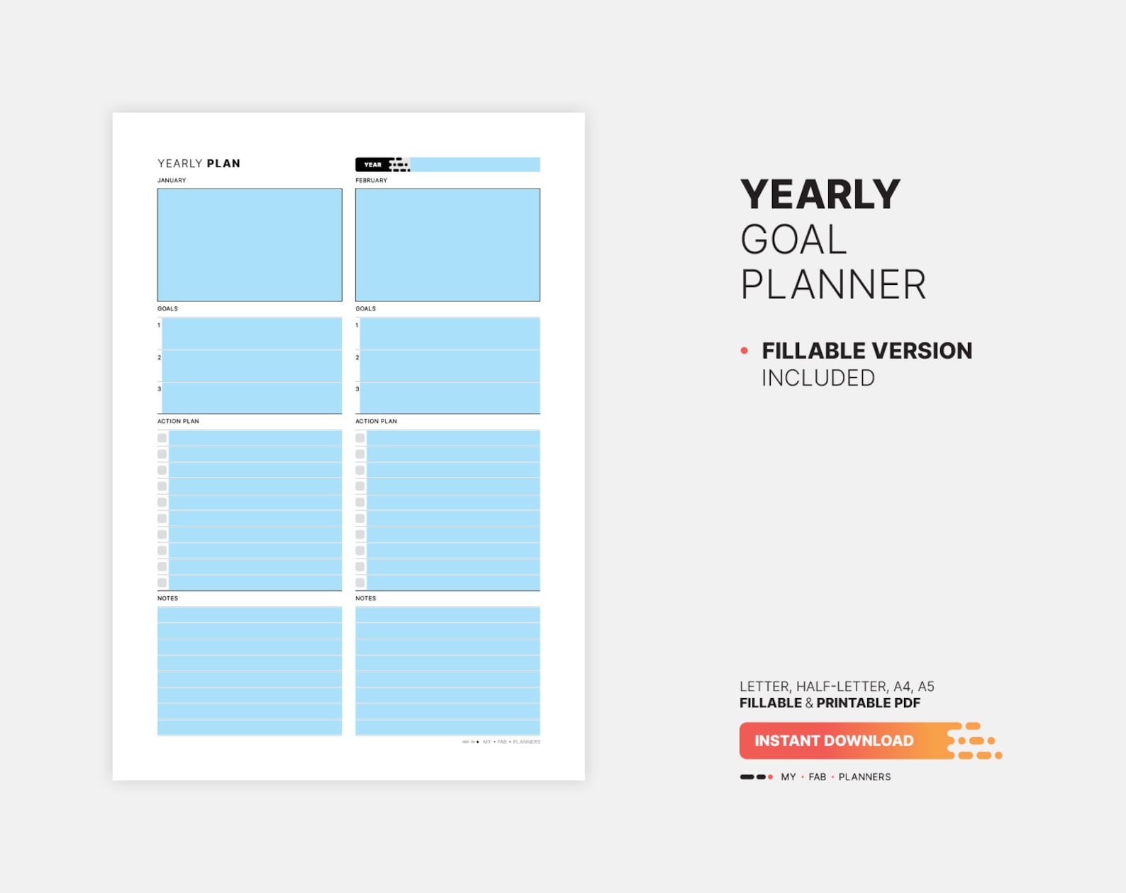 Yearly Goal List & Action Plan Template, Undated Yearly Goals Planner ...