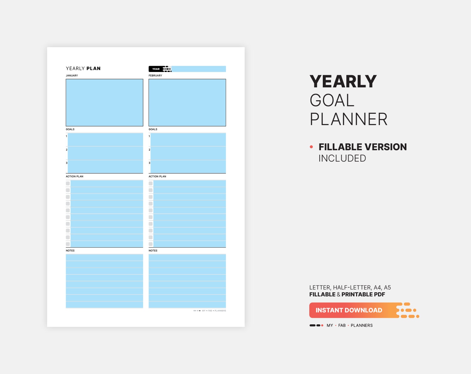 Yearly Goal List & Action Plan Template, Undated Yearly Goals Planner ...