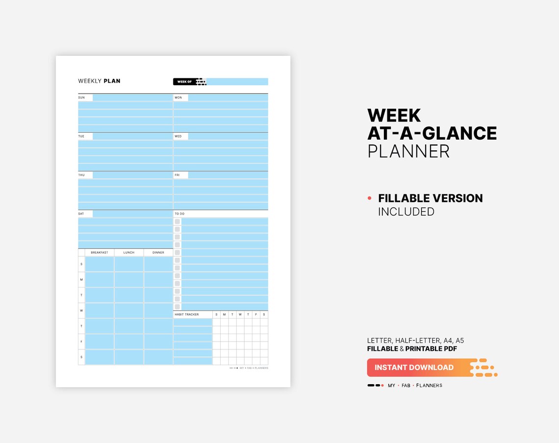 Week At-a-glance Planner, Meal Plan Printable Template, Fillable Weekly ...