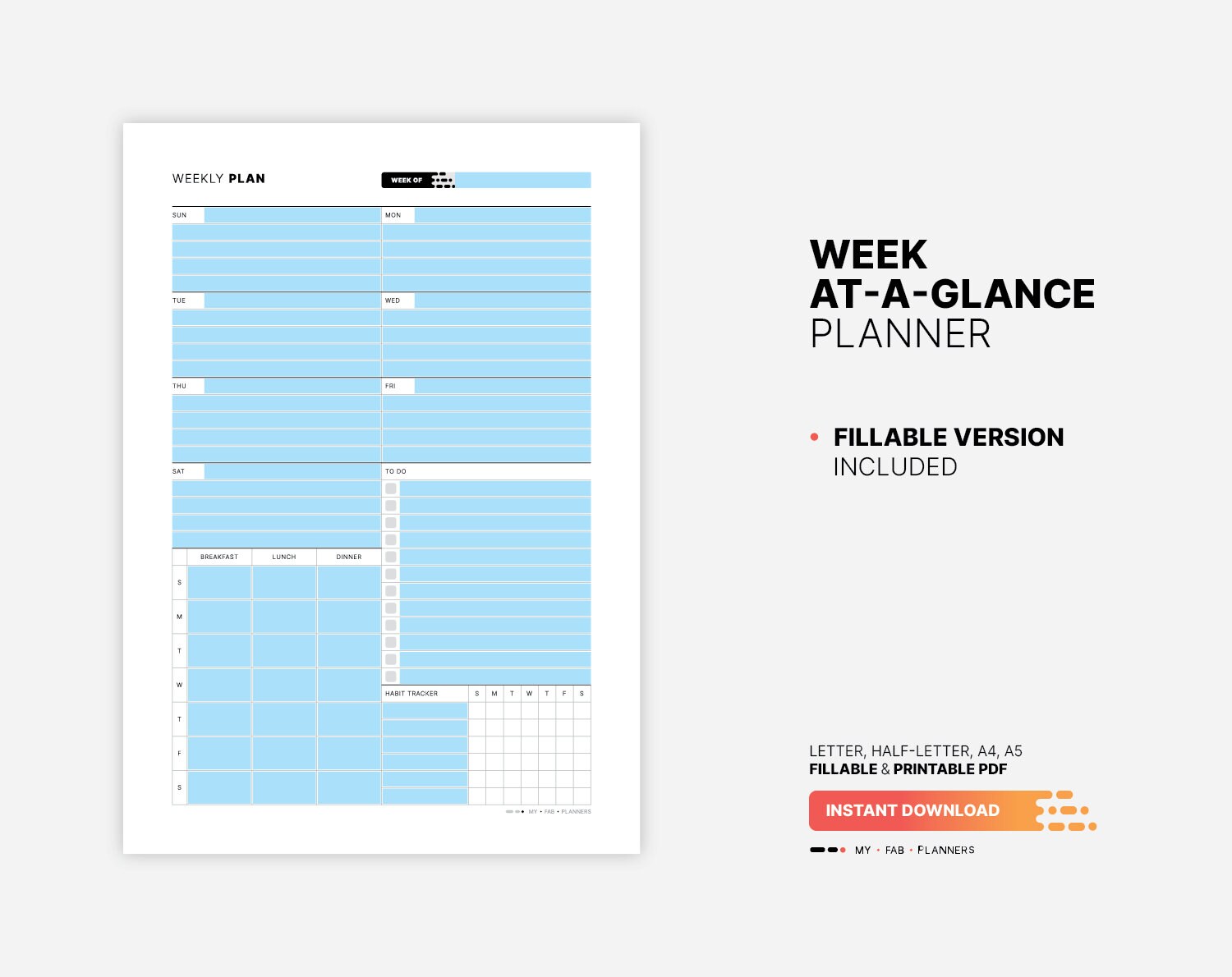 Weekly Planner Template, Fillable Habit Tracker (digital PDF) - Etsy