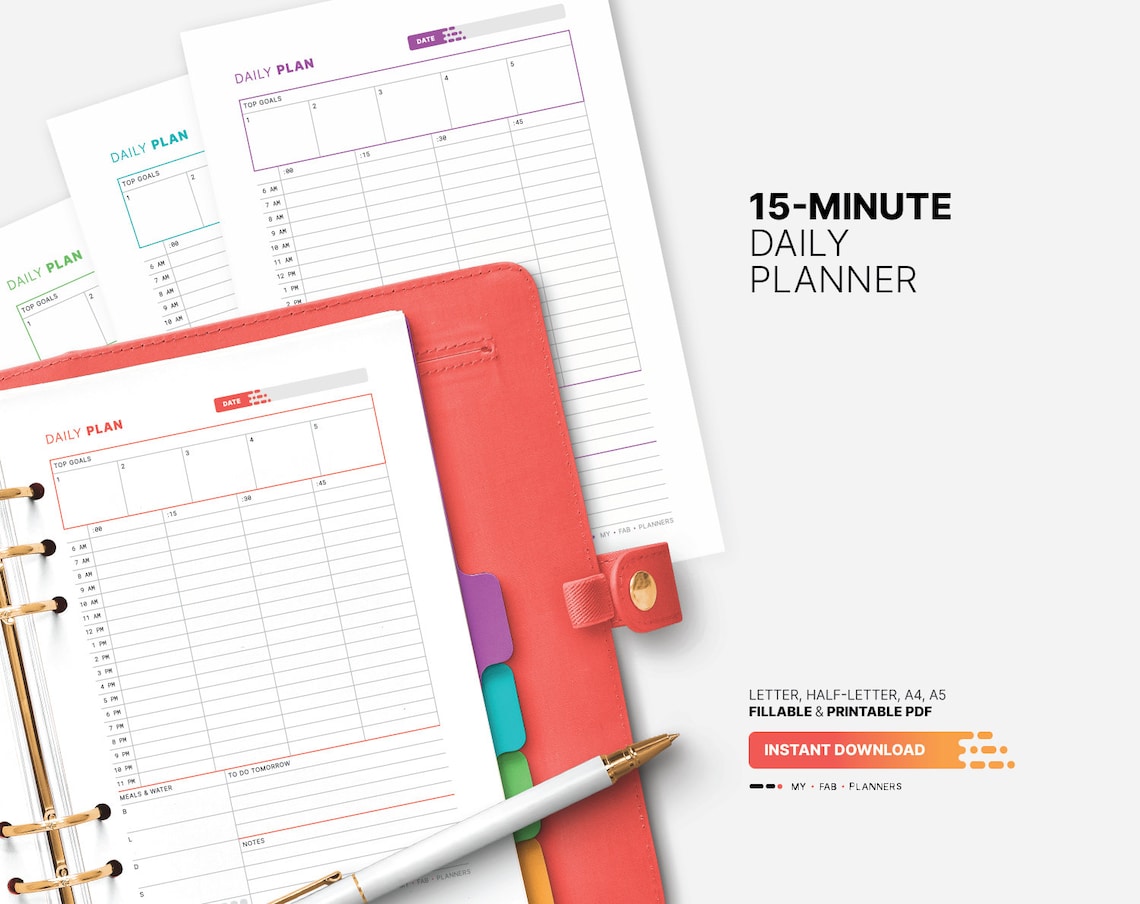 15-minute Daily Planner, Printable Work Schedule Chart, Fillable ...
