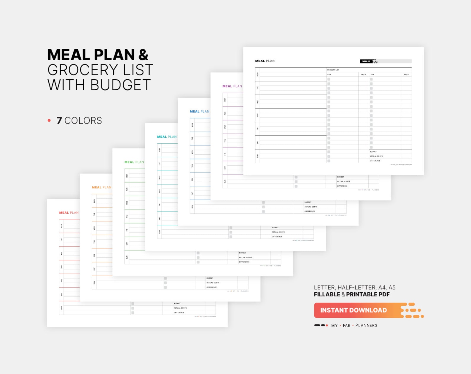 Budget and Meal Plan With Grocery List Planner, Fillable Weekly Meal ...