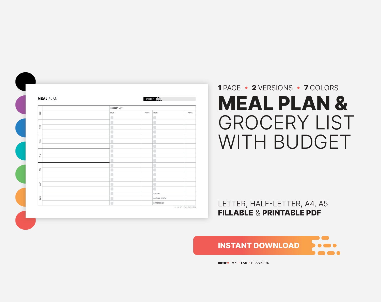 Budget and Meal Plan With Grocery List Planner, Fillable Weekly Meal ...