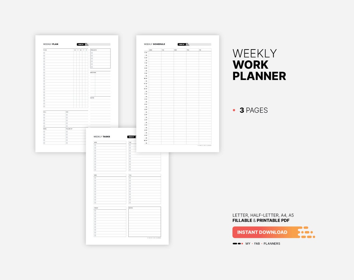 Weekly Work Planner, Printable Productivity at Home Agenda Checklist ...