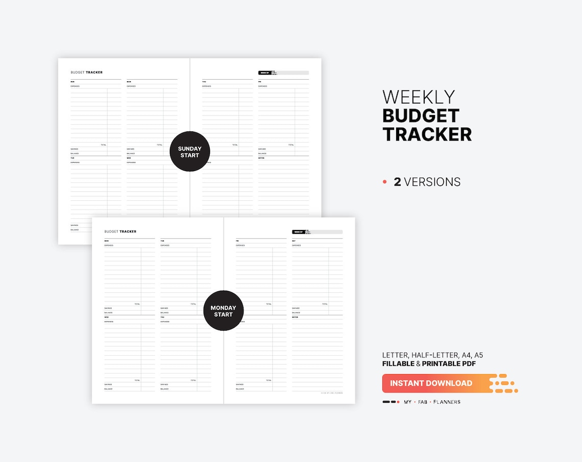 Weekly Budget Tracker Sheet, Fillable Financial Journal Sheets, 2 Pages ...