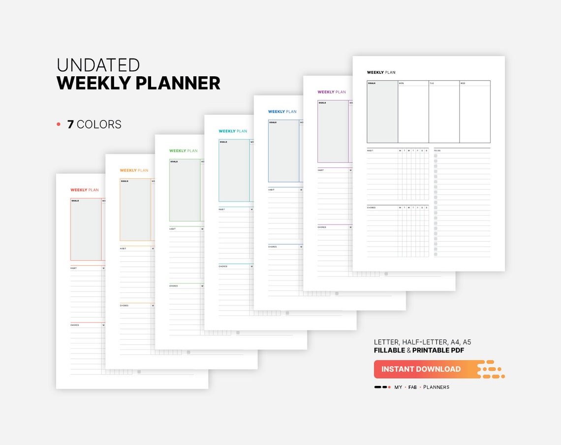Undated Weekly Planner, Simple Productivity Plan at a Glance, Printable ...