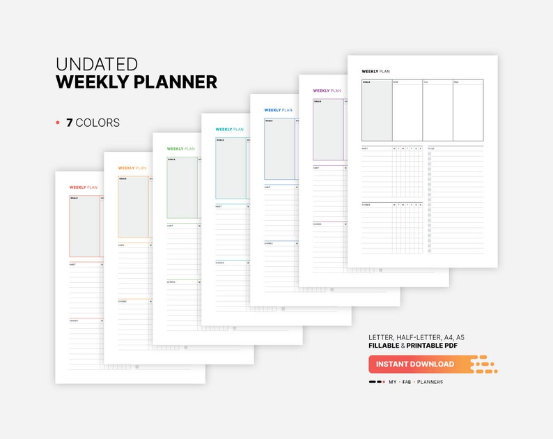 Undated Weekly Planner, Simple Productivity Plan at a Glance, Printable ...