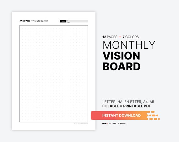 Monthly Vision Board Printable Planner Template Fillable | Etsy