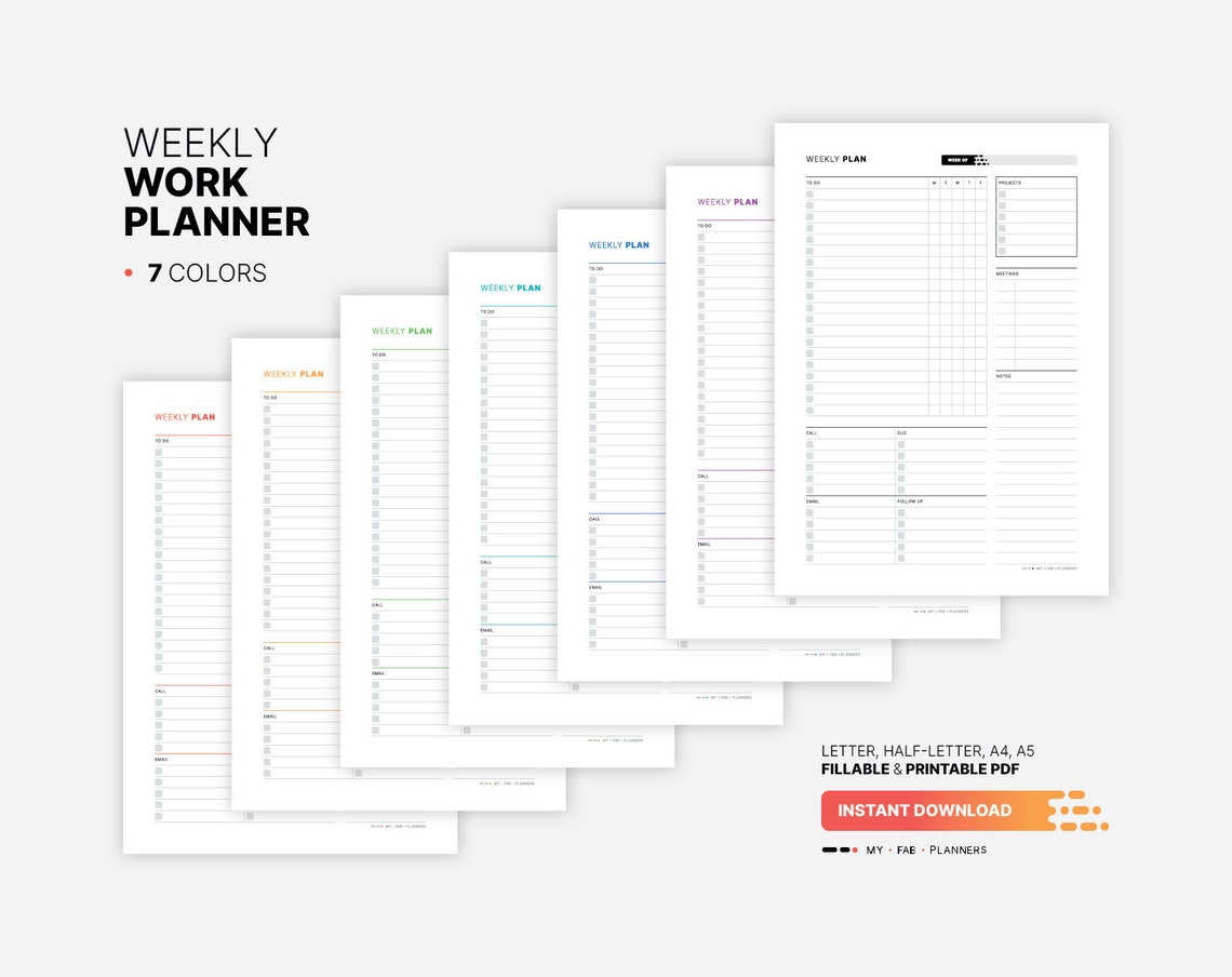 Weekly Work Planner, Printable Productivity at Home Agenda Checklist ...