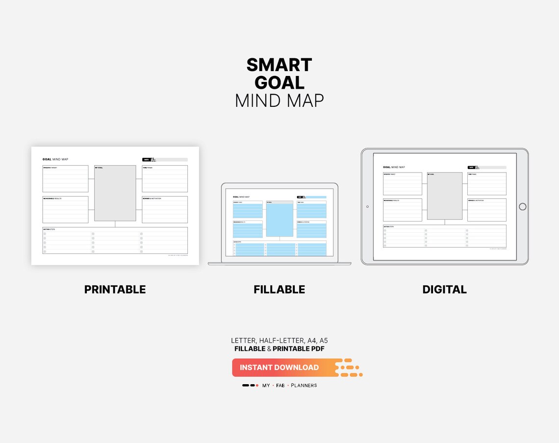 SMART Goal Mind Map, Printable Brainstorm Action Plan, Fillable Project ...