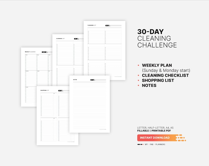 30-day Cleaning Challenge, Printable Declutter to Do List, Fillable ...