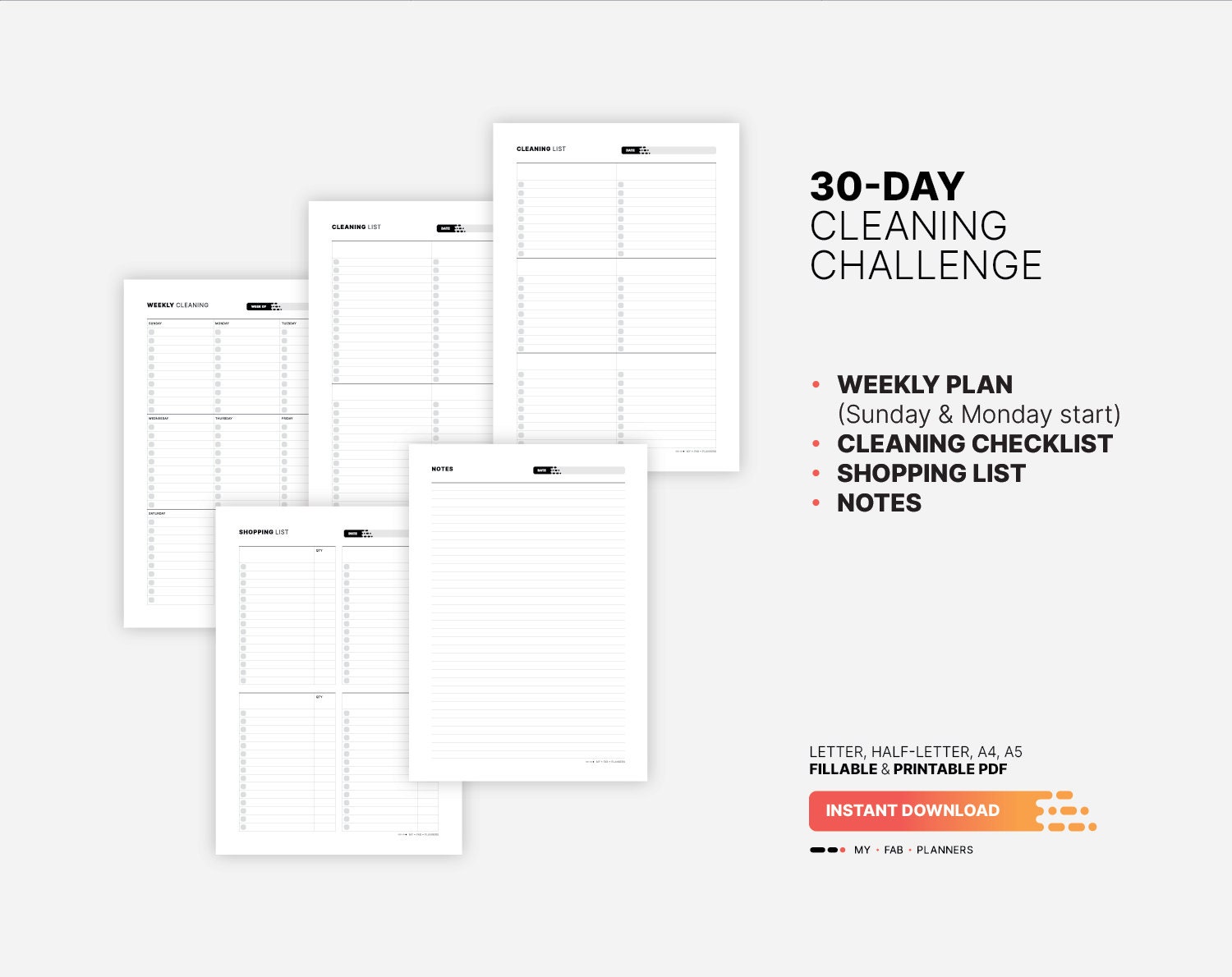 30-day Cleaning Challenge, Printable Declutter to Do List, Fillable ...