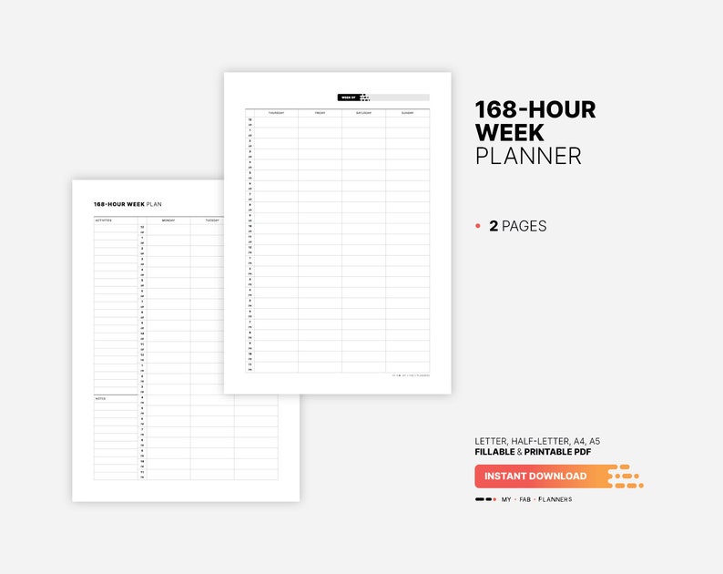 168-hour Weekly Planner Printable Mindfulness Timesheet Goal - Etsy New ...