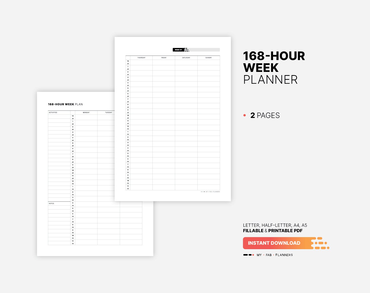 168-hour Weekly Planner, Printable Mindfulness Timesheet, Goal Setting ...