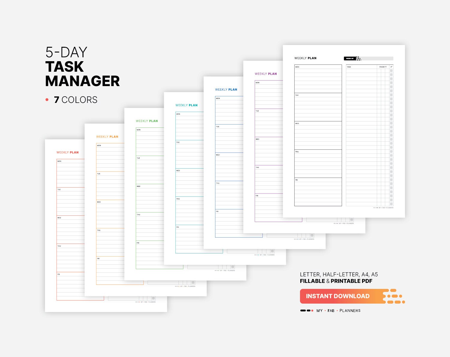 5-day Task Manager, Printable to Do List Tracker, Fillable Weekly Work ...