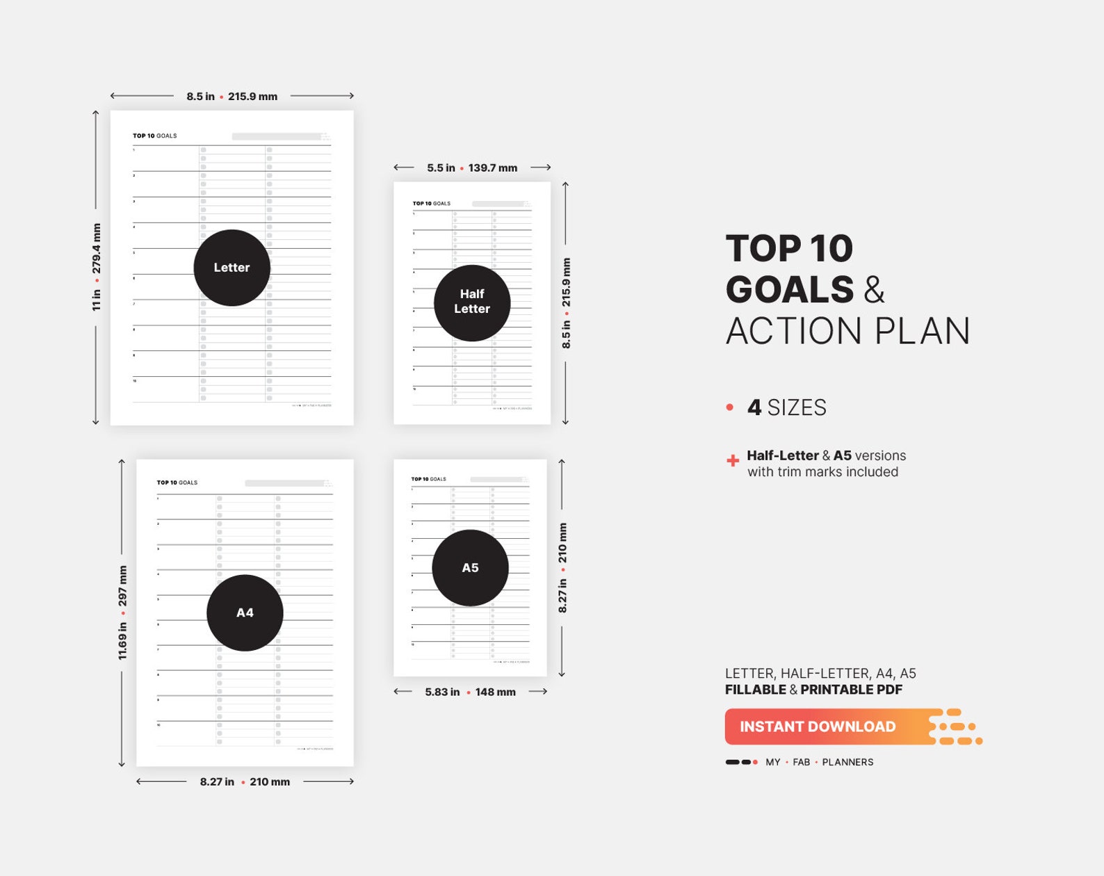 Top 10 Goal List & Action Plan, Goal Setting Board, Printable Worksheet ...