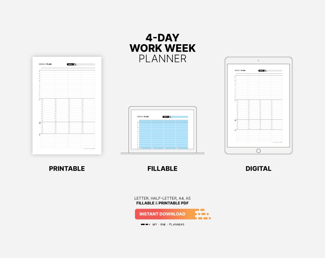 4-day Work Week Planner, Printable Productivity Action Plan Tracker ...