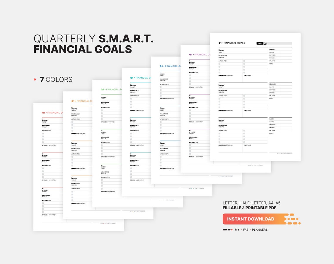 Top 3 Quarterly SMART Financial Goals Planner, Fillable Finance Goals ...