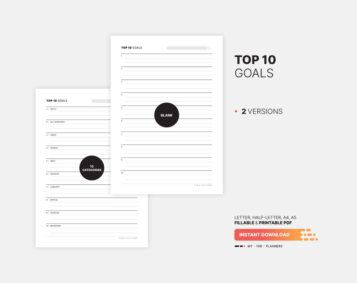 Top 10 Goals Life Goal List Setting Dashboard & Worksheet - Etsy