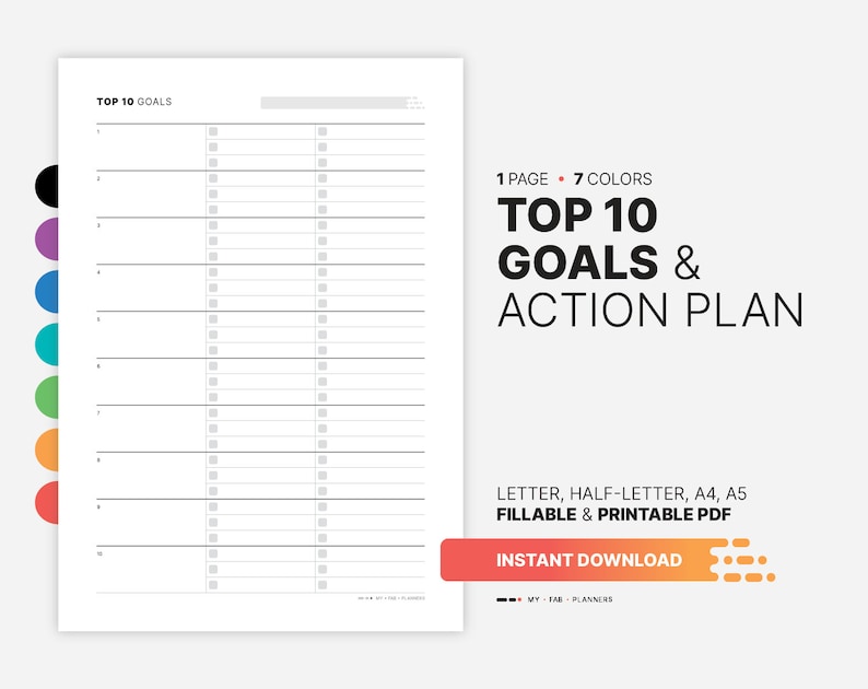 Top 10 Goal List & Action Plan, Goal Setting Board, Printable Worksheet ...