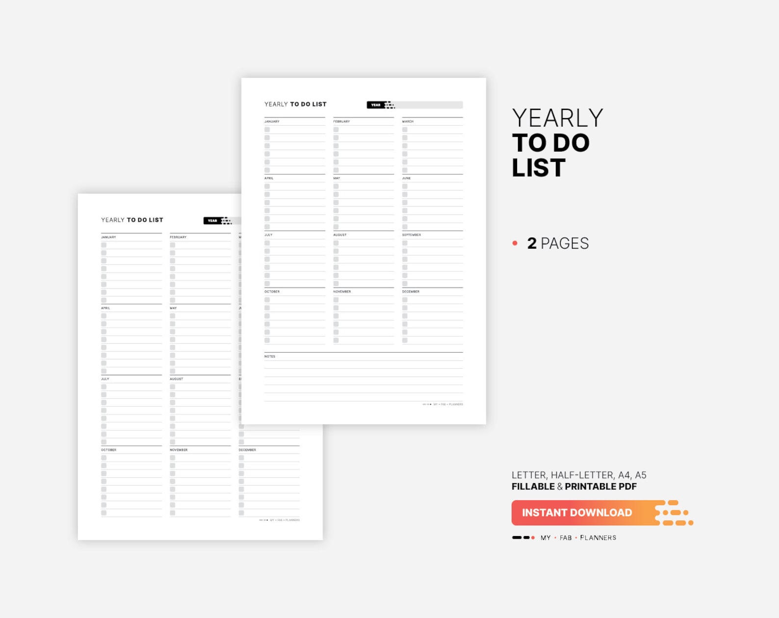 Yearly To-do List Printable, Fillable Task Planner (digital Download ...