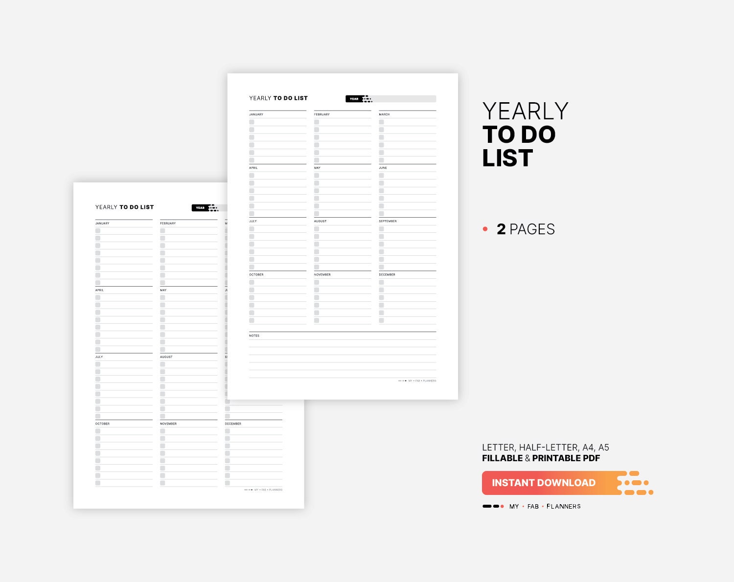 Yearly to Do List, Printable Monthly Task Checklist, Fillable ...