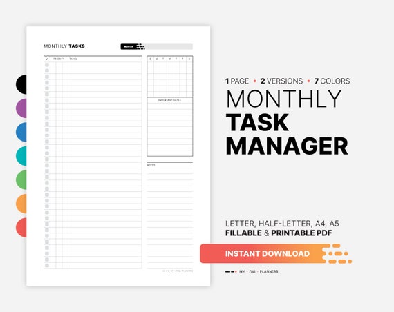 Monthly Task Manager & Planner Printable to Do List Template - Etsy