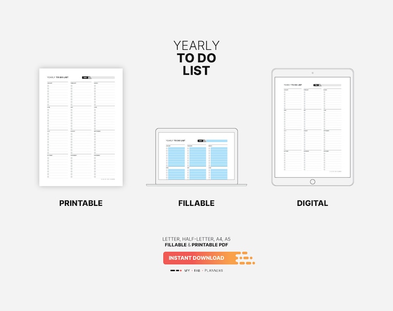 Yearly to Do List, Printable Monthly Task Checklist, Fillable ...