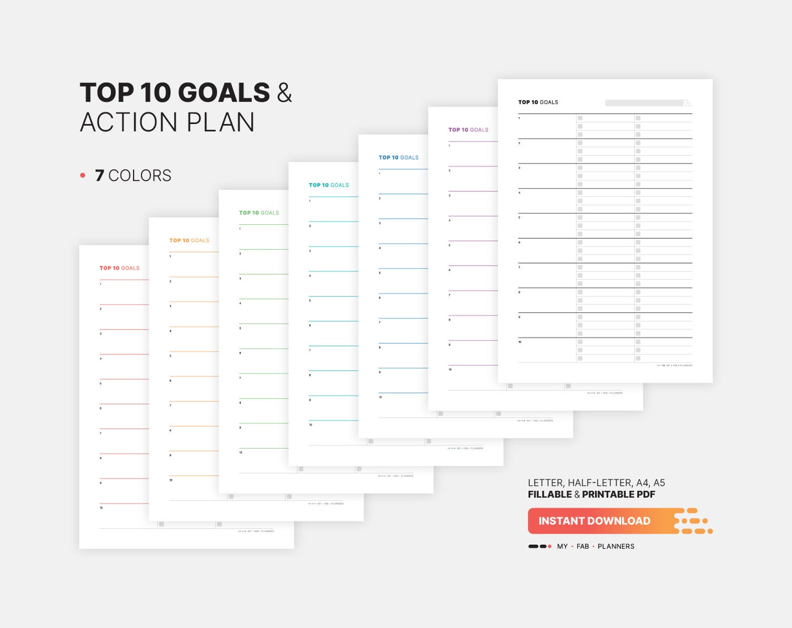 Top 10 Goal List & Action Plan, Goal Setting Board, Printable Worksheet ...