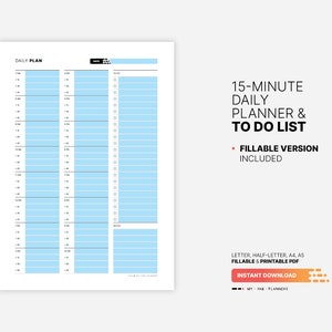 15 Minute Daily Planner With to Do List Template, Fillable Time Slots ...