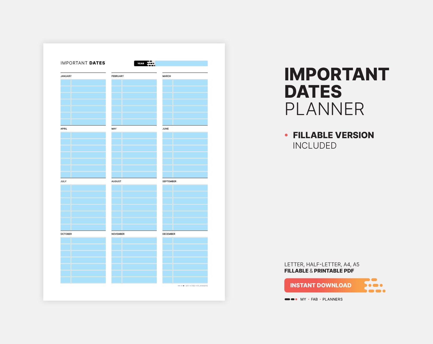 Yearly Important Dates Planner, Fillable Birthday & Life Events List ...